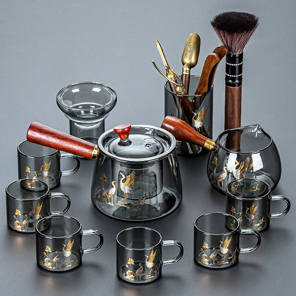 Ink Glass Tea Set With Golden Crane – Umi Tea Sets