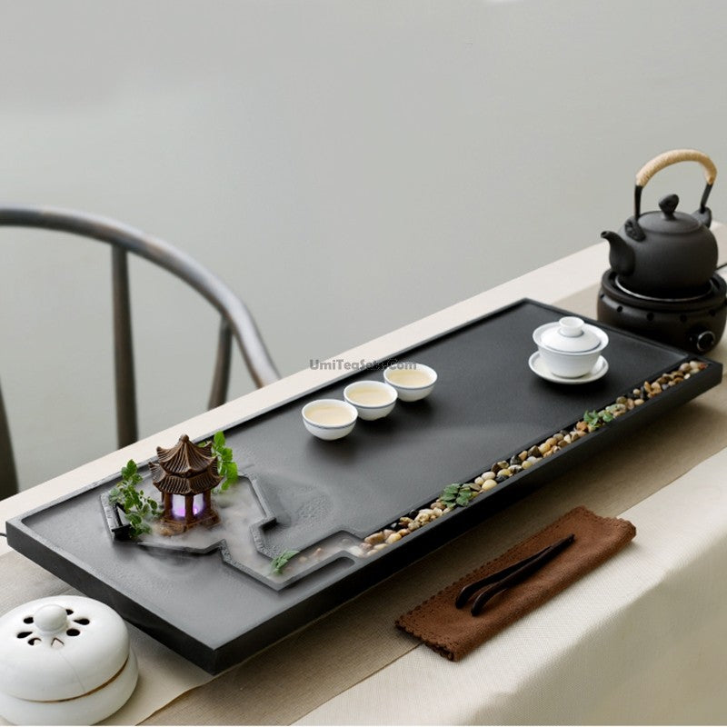 Black Stone Zen Tea Tray With Pavilion And Brook – Umi Tea Sets