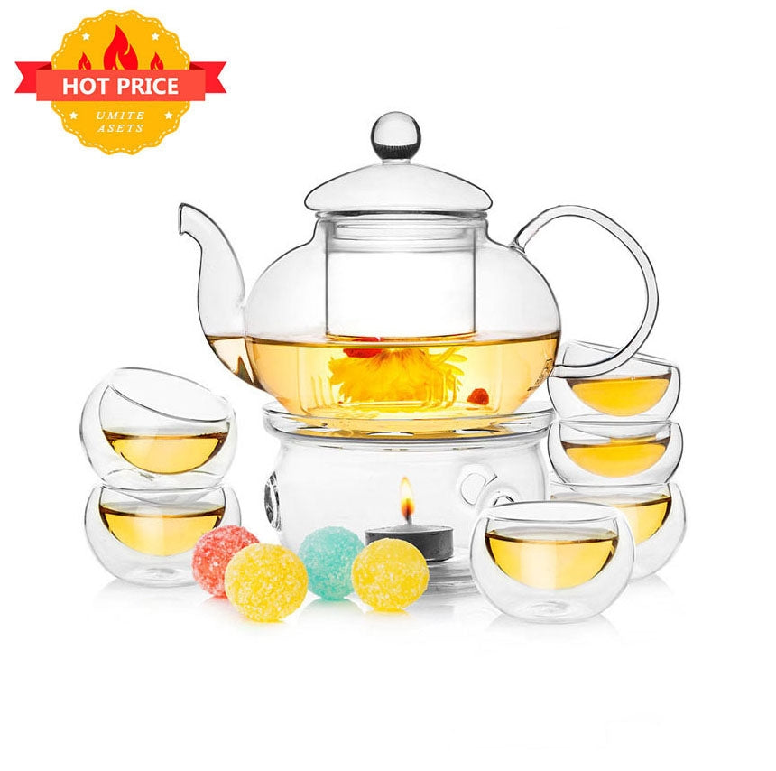 Glass Teapot With 6 Cups And Warmer – Umi Tea Sets